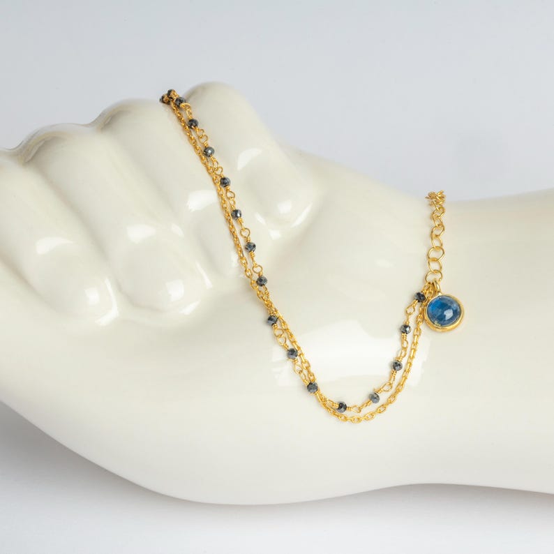 Natural Blue Kyanite Dainty Double Chain Bracelet • Oval Cut Kyanite ...