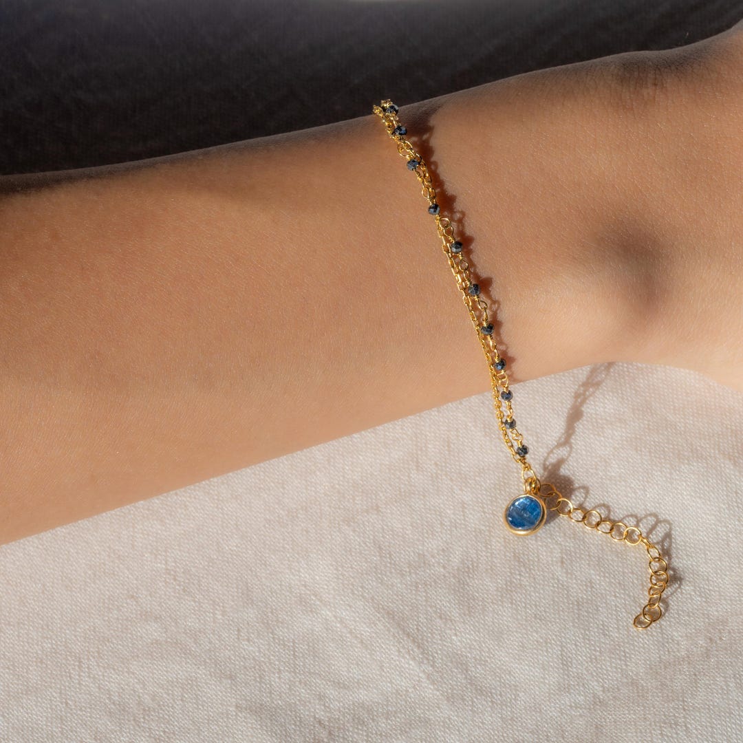 Natural Blue Kyanite Dainty Double Chain Bracelet • Oval Cut Kyanite ...