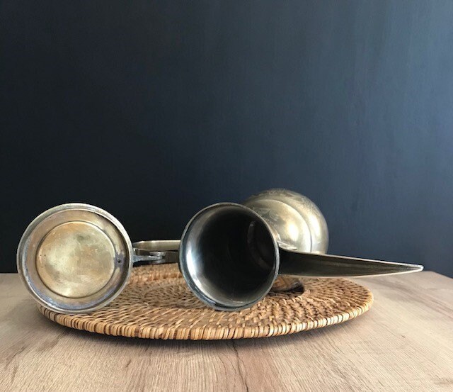 Vintage Brass Dallah Madani Coffee/ Tea Pot / India Etched Floral Palm ...