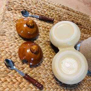 Vintage Brown Stoneware Condiment Set With Lids and Spoons - Etsy