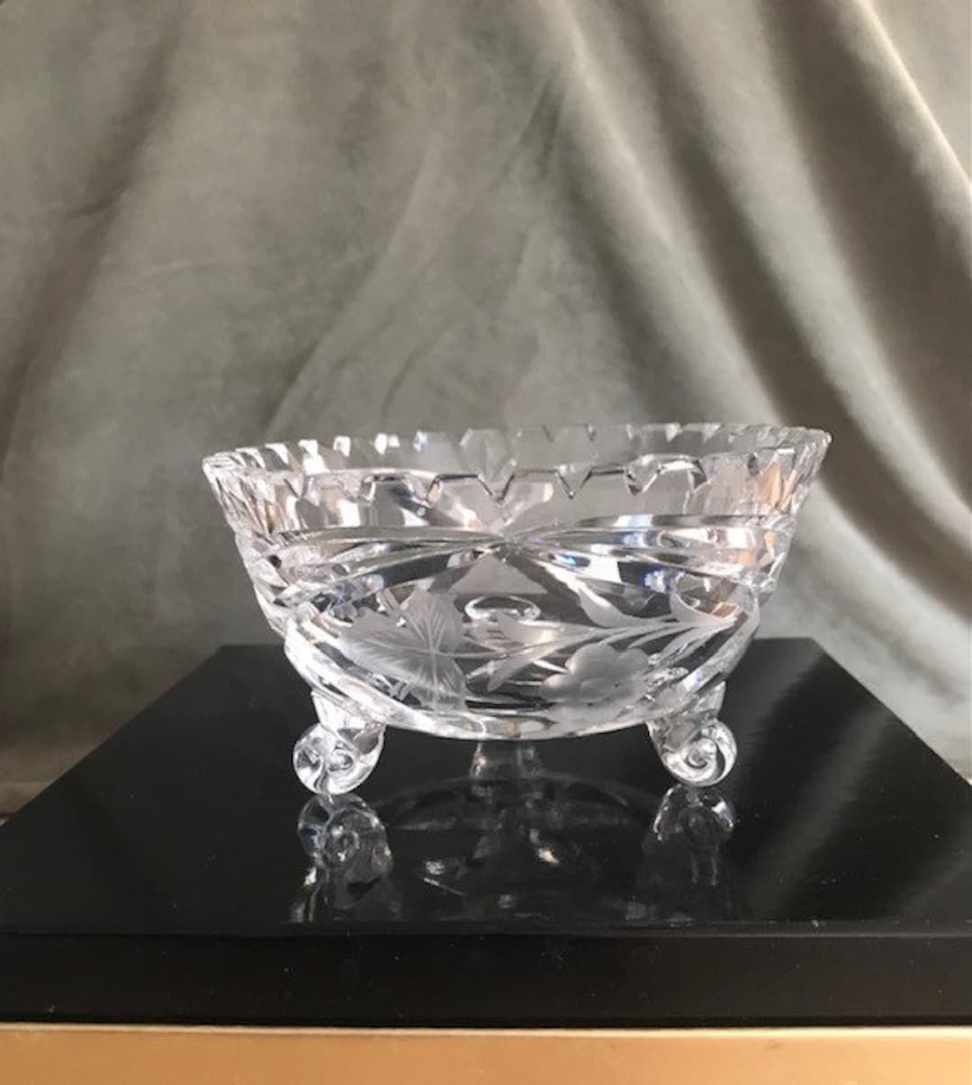 Beautiful Vintage Lead Crystal Candy Dish, Etched Grape Leaves , Saw ...