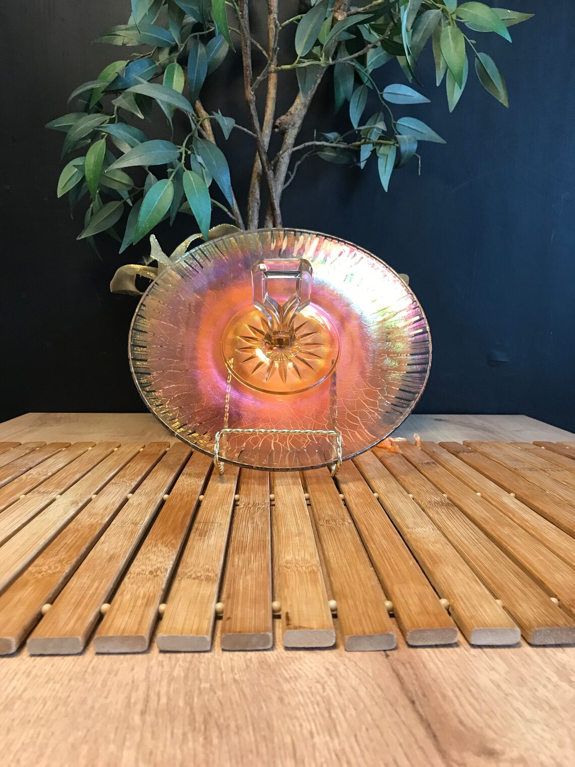 Vintage Carnival Glass Round Serving Dish With Handle | Etsy