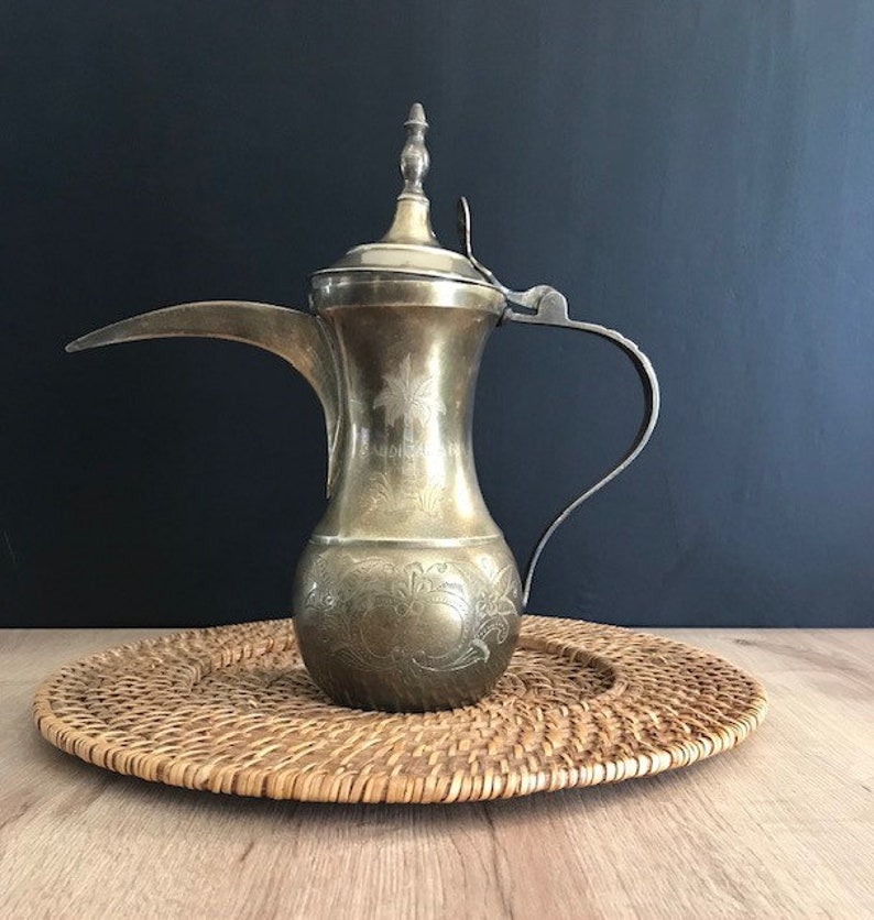 Vintage Brass Dallah Madani Coffee/ Tea Pot / India Etched Floral Palm ...