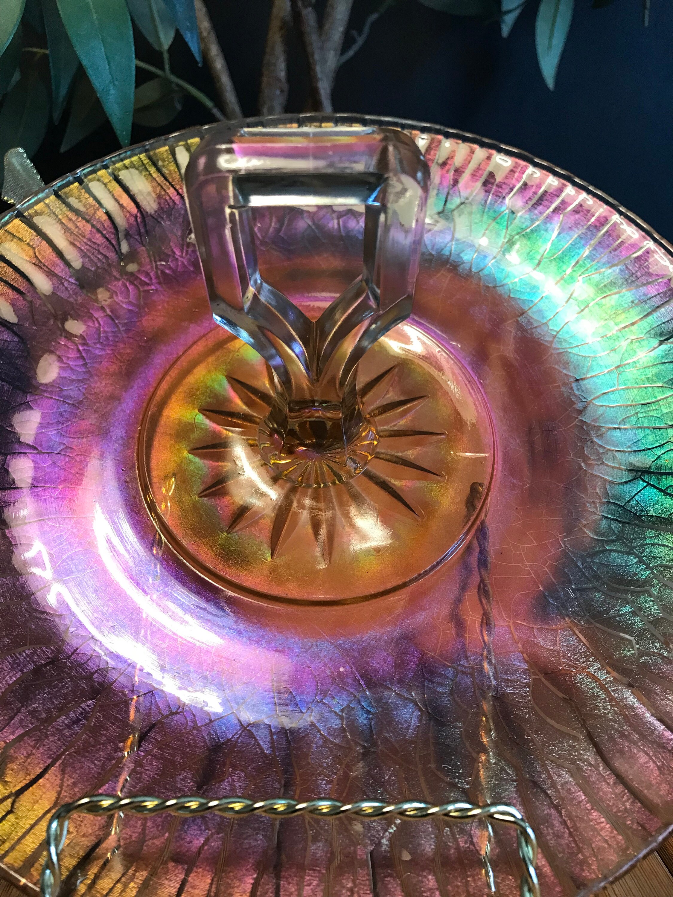 Vintage Carnival Glass Round Serving Dish With Handle - Etsy