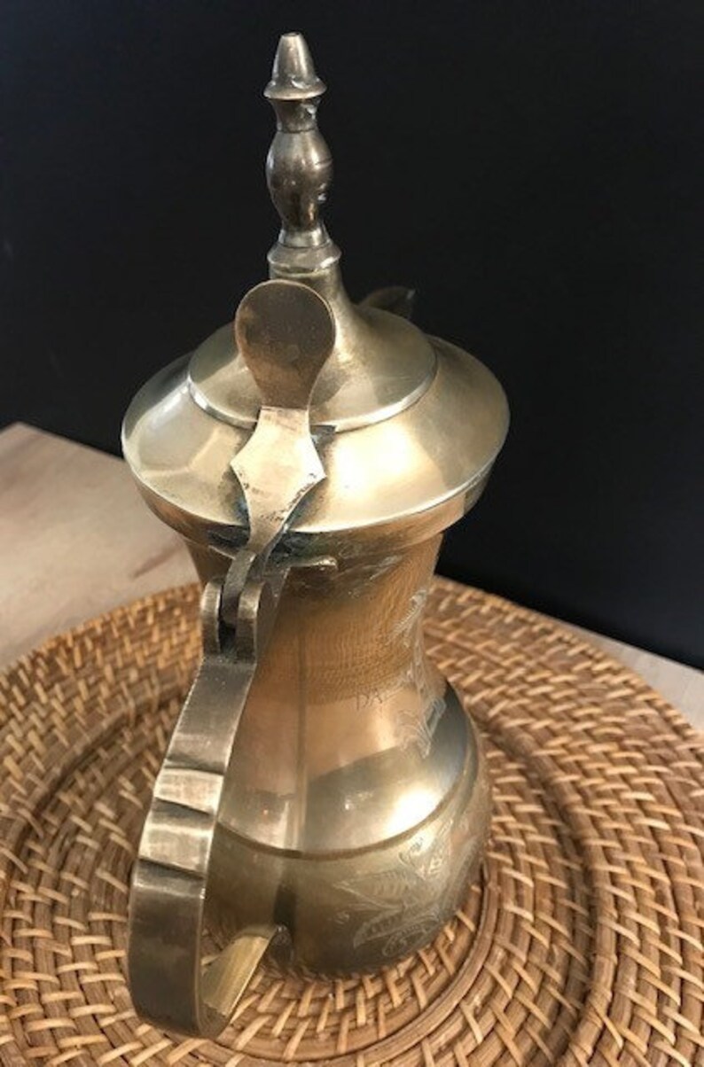 Vintage Brass Dallah Madani Coffee/ Tea Pot / India Etched Floral Palm ...