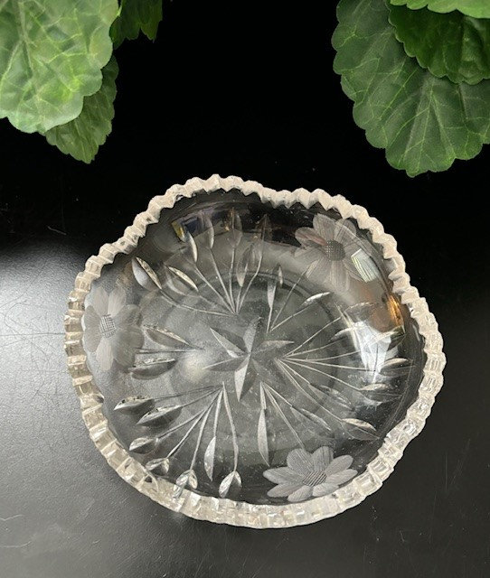 Vintage Crystal Floral Sawtooth Bowl/ Crystal Candy Dish, Frosted ...