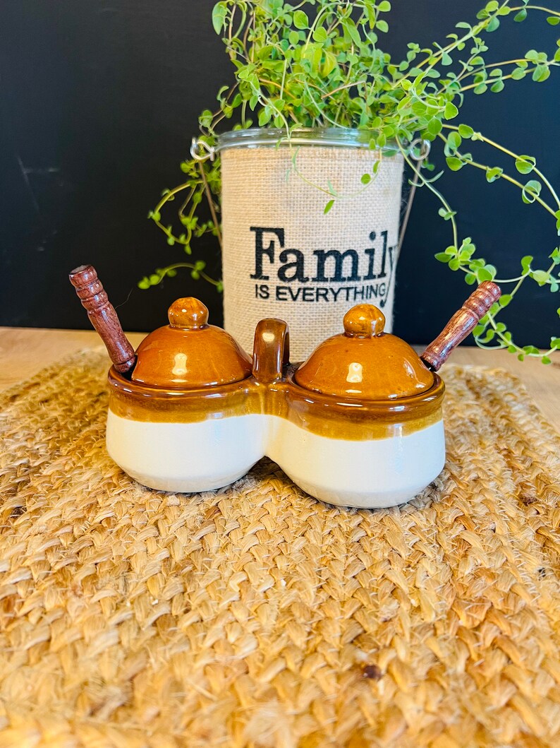 Vintage Brown Stoneware Condiment Set With Lids and Spoons - Etsy