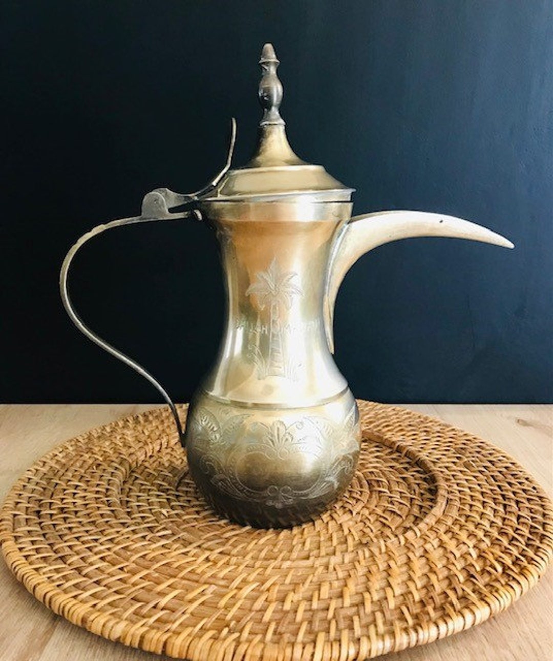 Vintage Brass Dallah Madani Coffee/ Tea Pot / India Etched Floral Palm ...