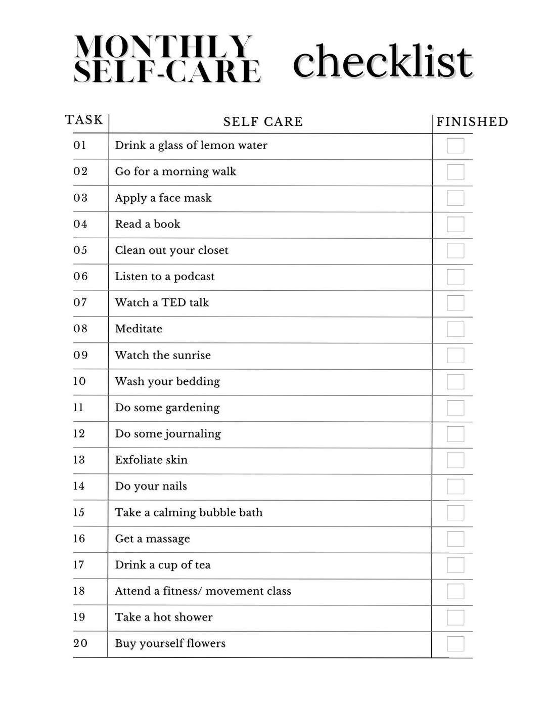 Monthly Self Care Checklist - Etsy