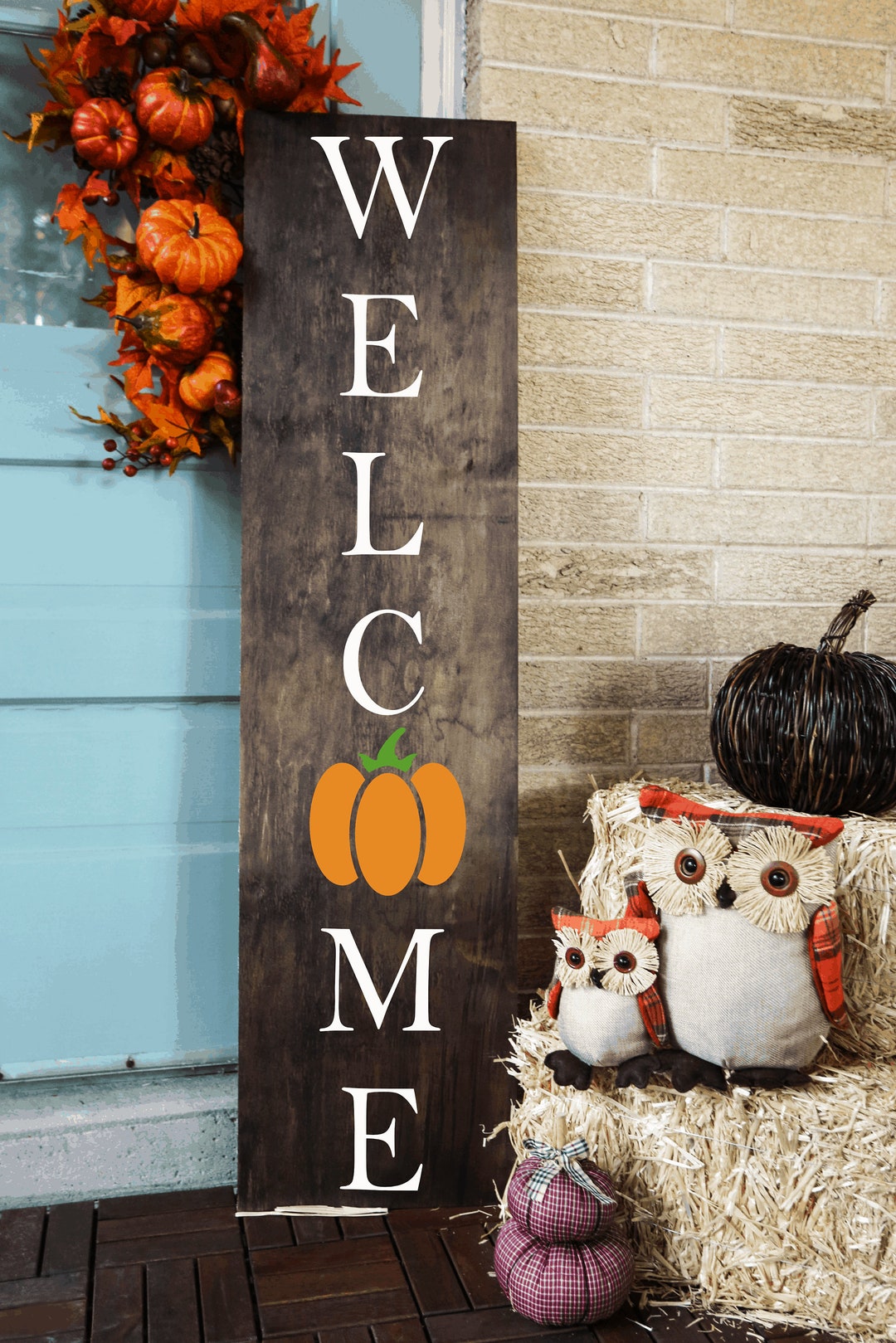 Welcome Pumpkin Front Porch Wood Sign, Fall Signs, Vertical Wooden Sign ...