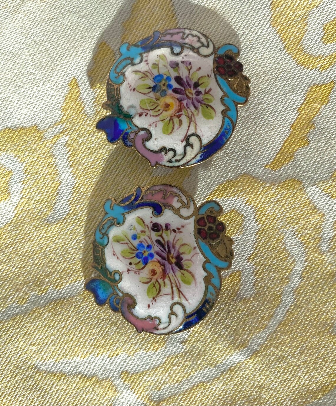 One Antique French Ca 1875 Rococo Shape 1 1/8 Champleve Enamel Floral ...