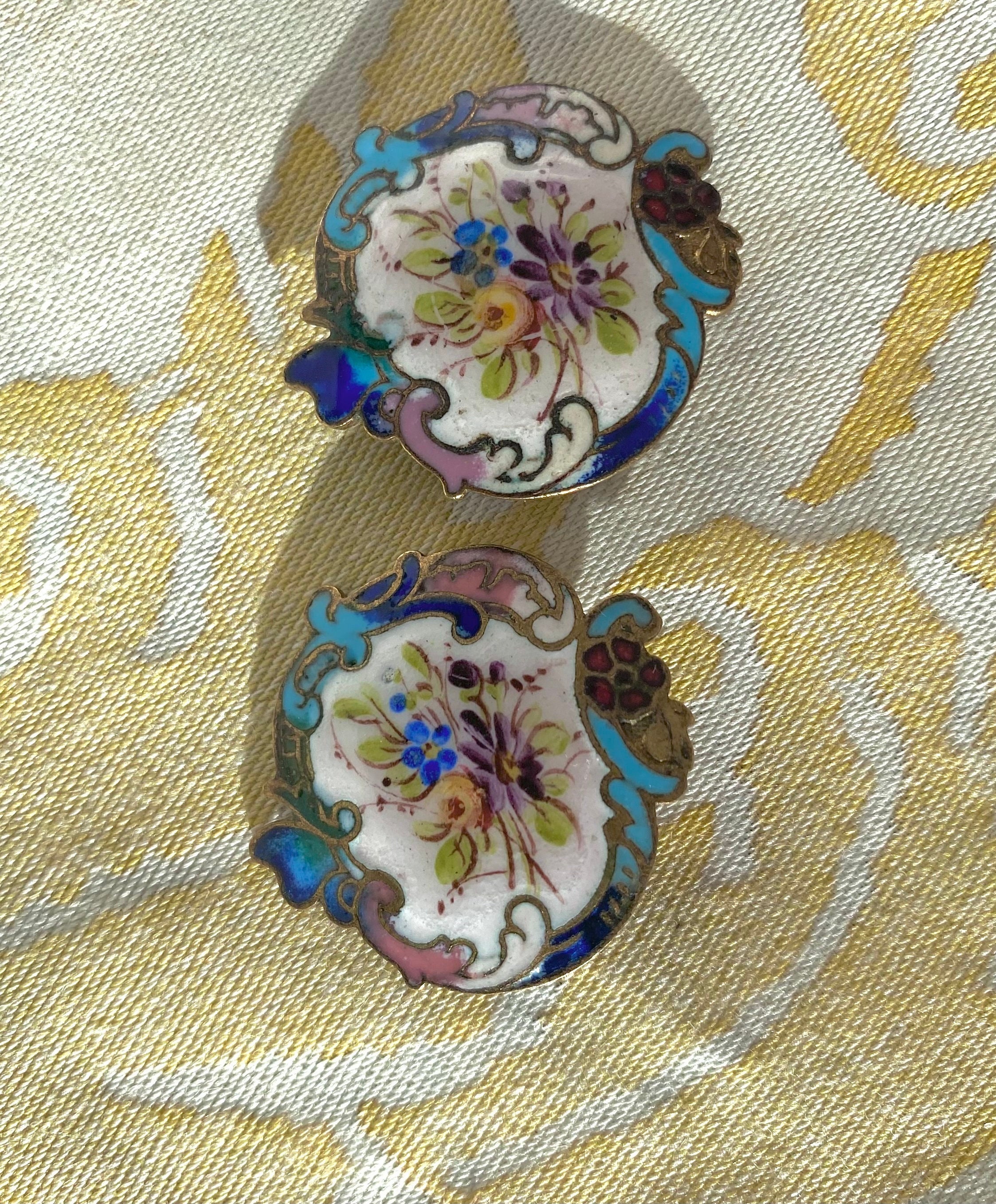 One Antique French Ca 1875 Rococo Shape 1 1/8 Champleve Enamel Floral ...