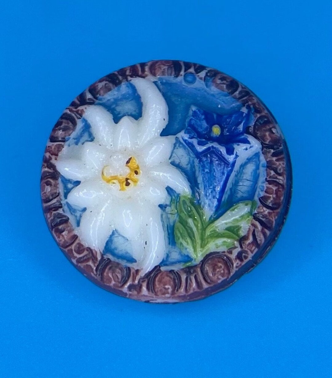One Antique EDELWEISS URANIUM Glass Button With Blue Alpine Gentian ...