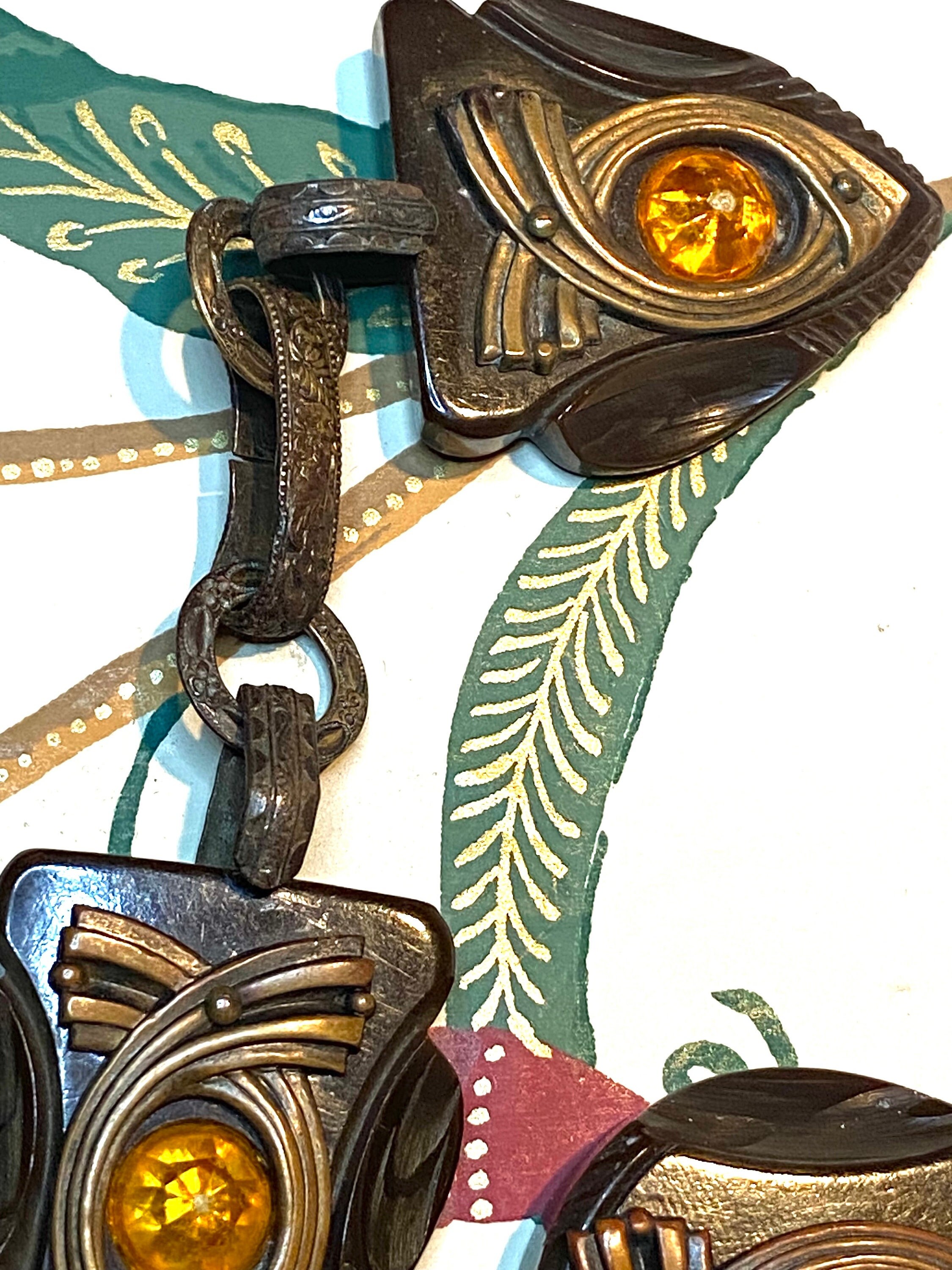 Fantastic Antique 3 Piece Chocolate Bakelite Cloak and Button Set Fish ...