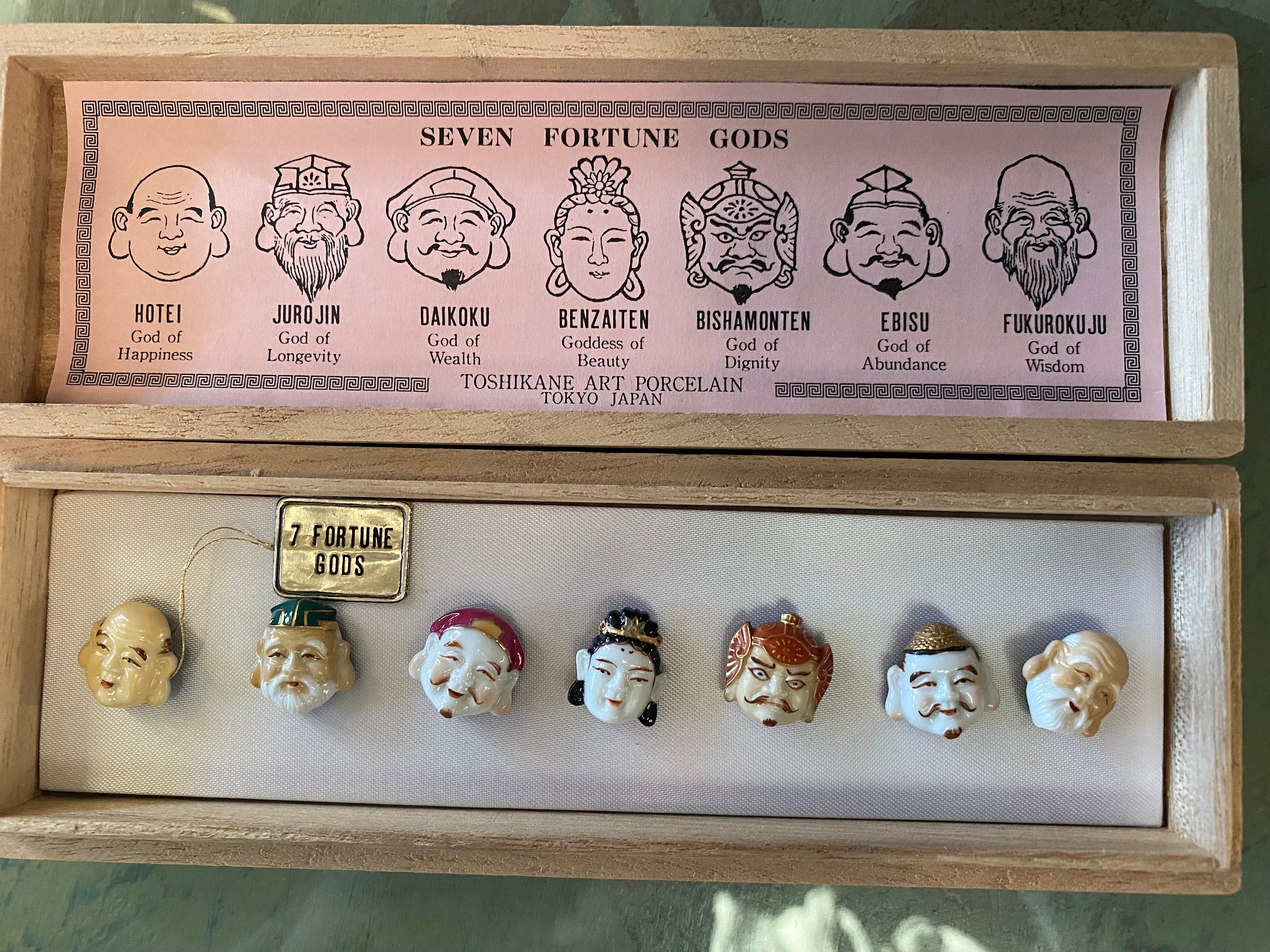 Boxed Set 7 FORTUNE GODS Head BUTTONS Vintage Toshikane Japan Colorful ...