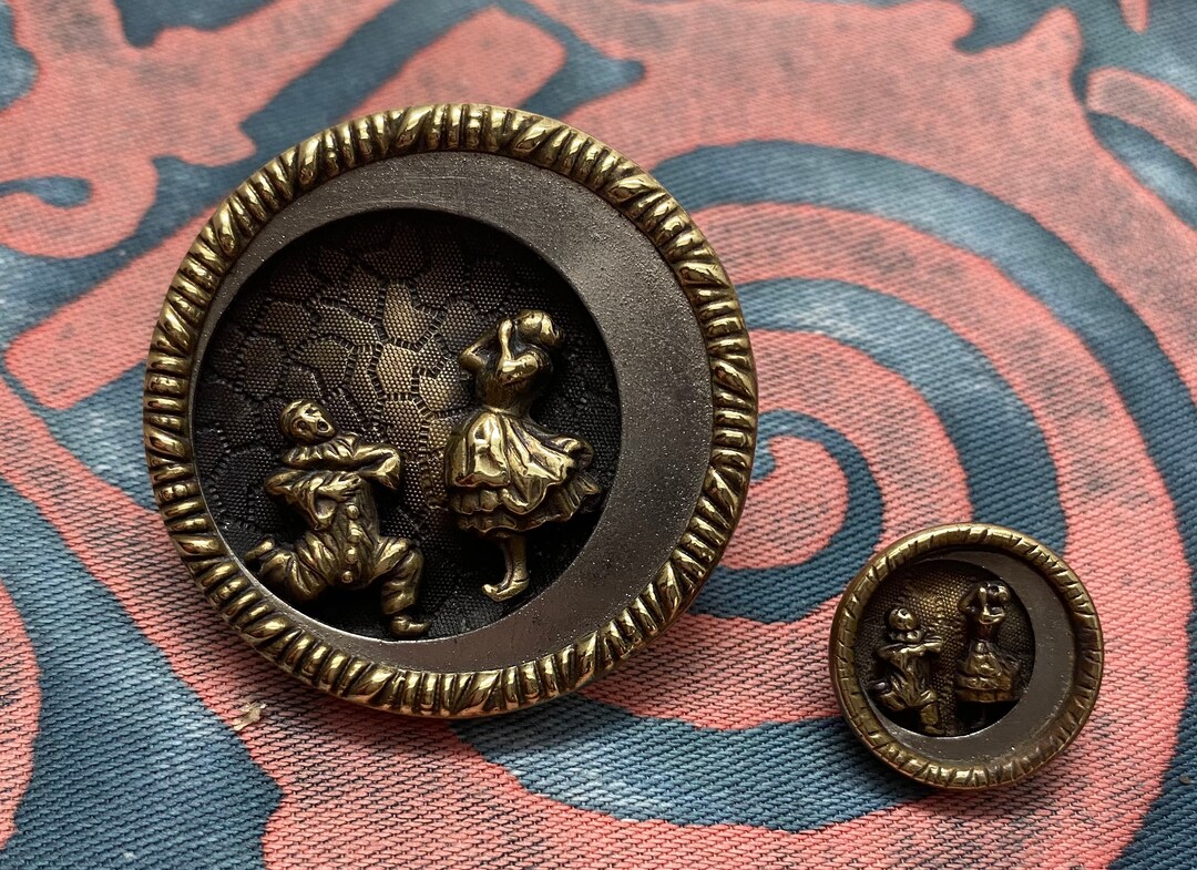 PIERROT & PIERETTE Crescent Moon Antique Buttons 19th C Matching Pair ...