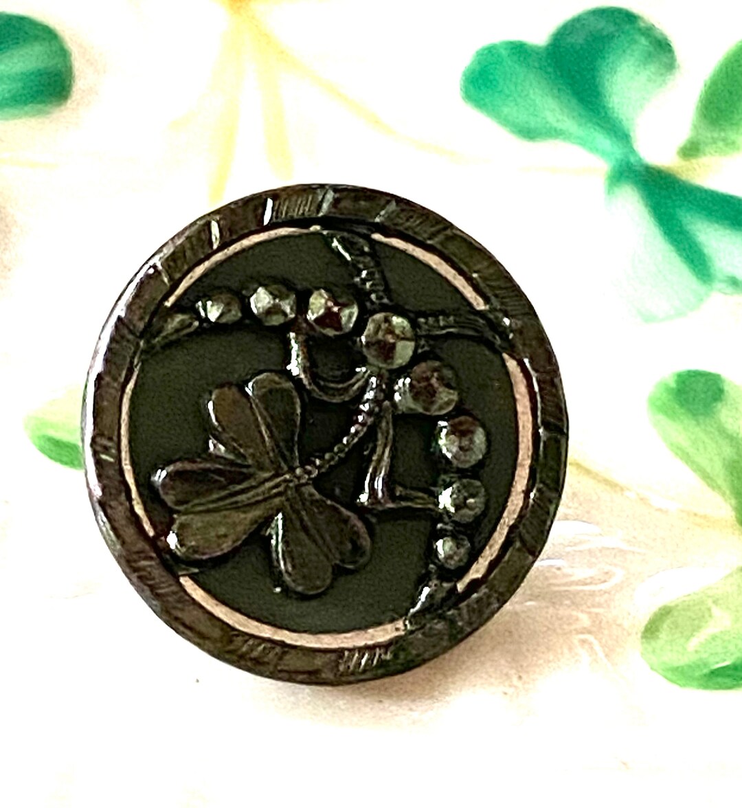 Antique Green Clover Shamrock Button Steel Cut Cup Austrian Tiny ...