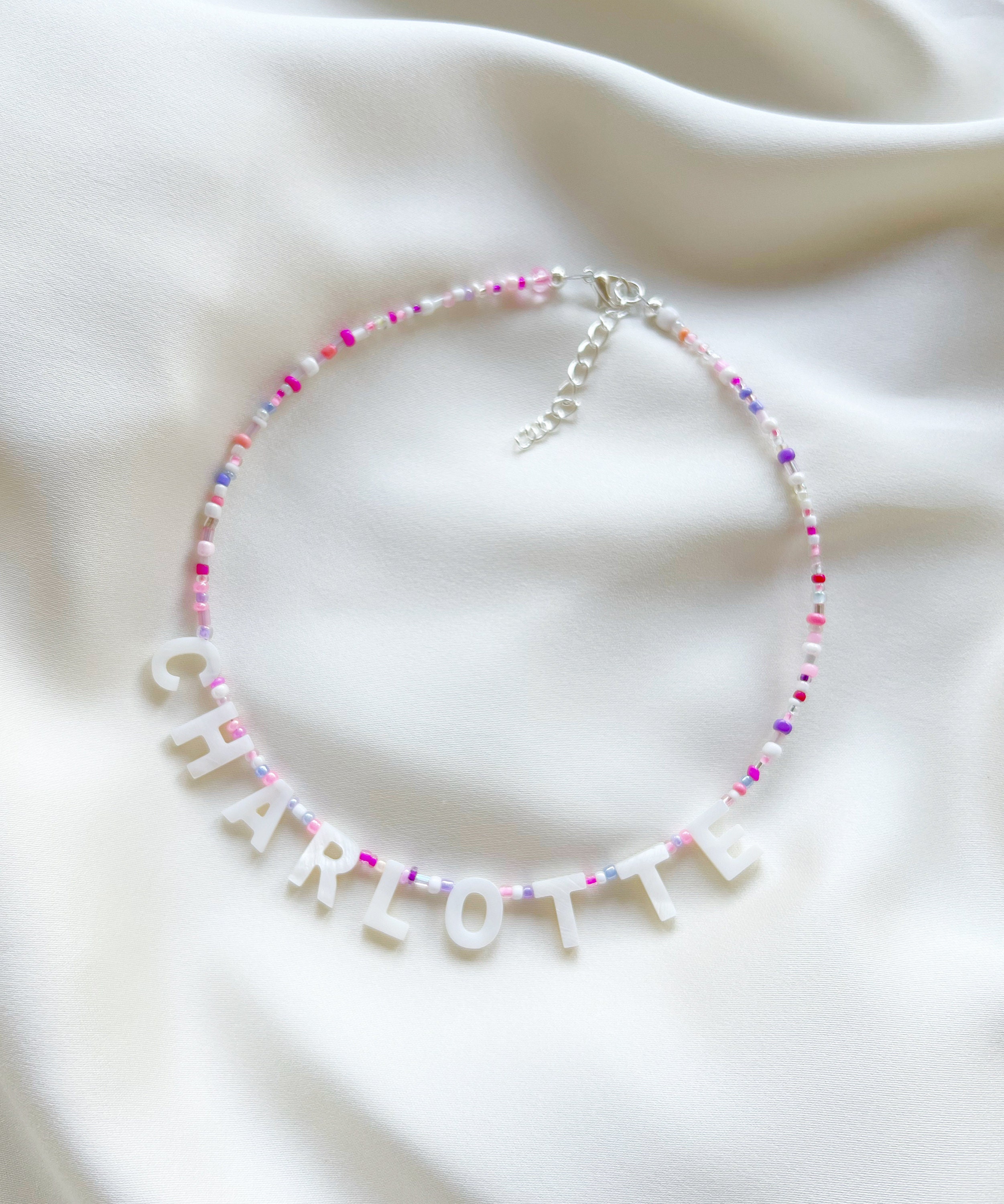 Pink Purple Bead Necklace Personalised with Custom Name Word in Mother of Pearl Letter Beads Silver Plated Sterling Silver Gold Filled