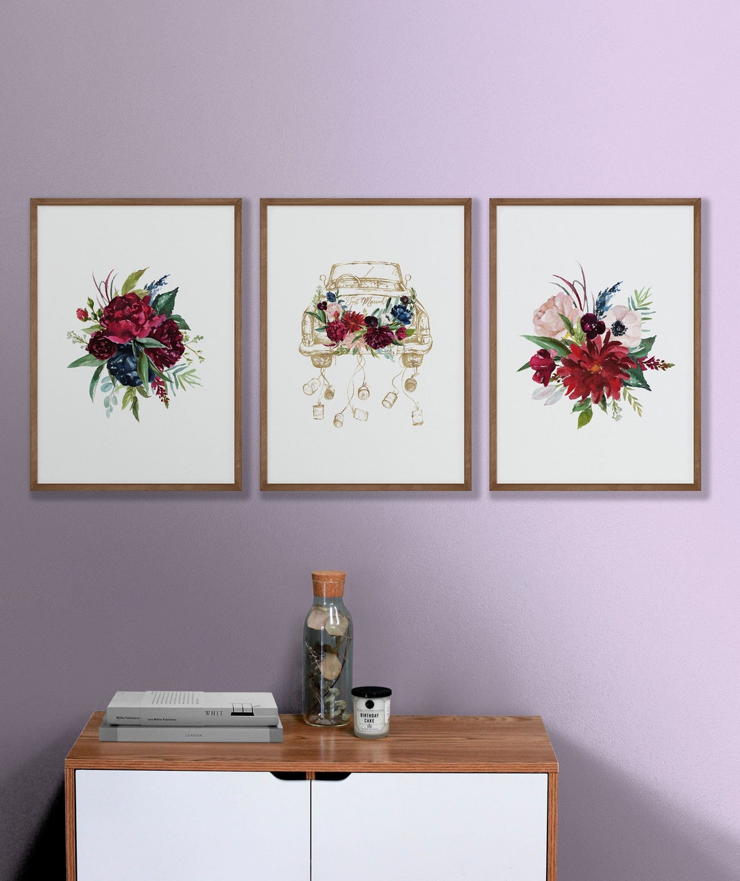 Wedding Flowers Print, Printable, Boho Wall Art, Golden Car, Red Roses ...