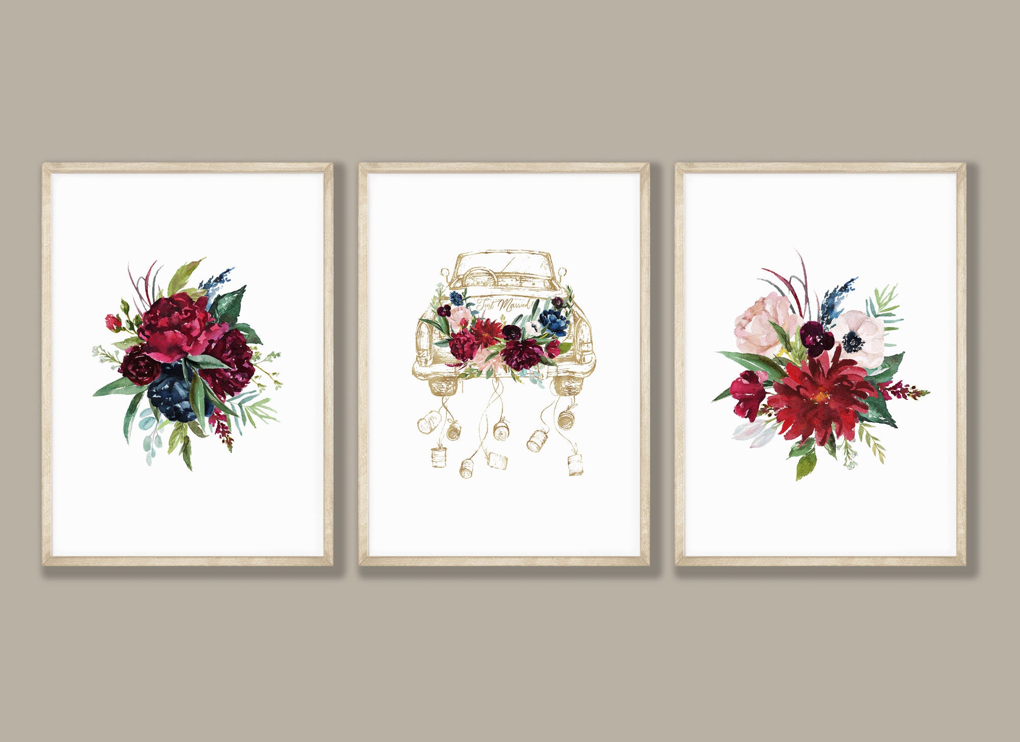 Wedding Flowers Print, Printable, Boho Wall Art, Golden Car, Red Roses ...