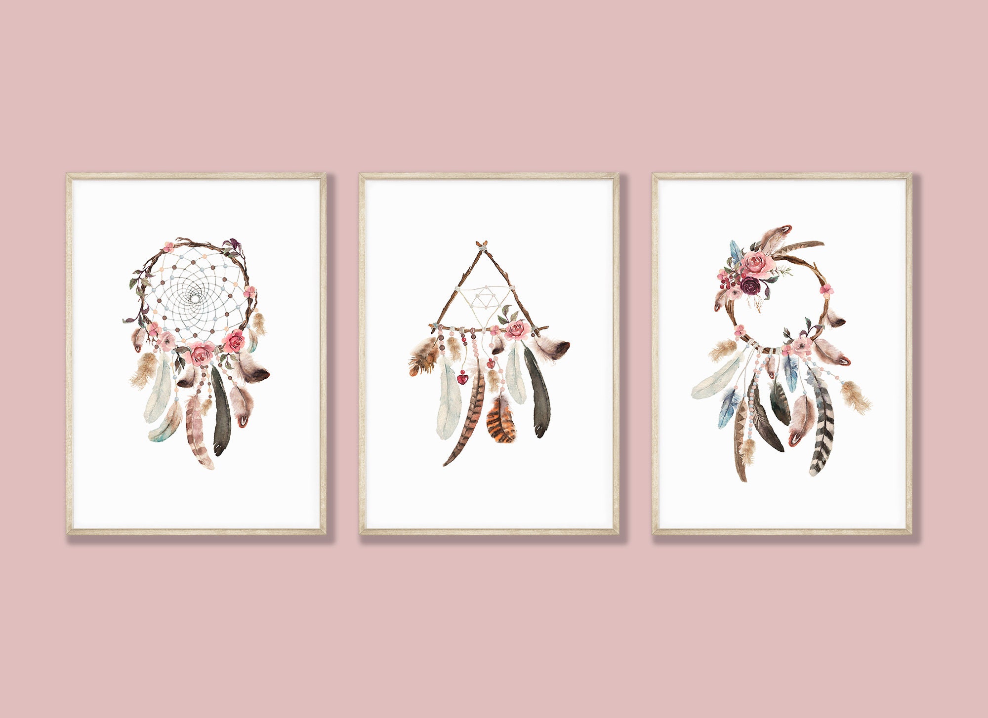Boho Wall Art, Dream Catcher, Printable Watercolor Art, Set of 3 Prints ...