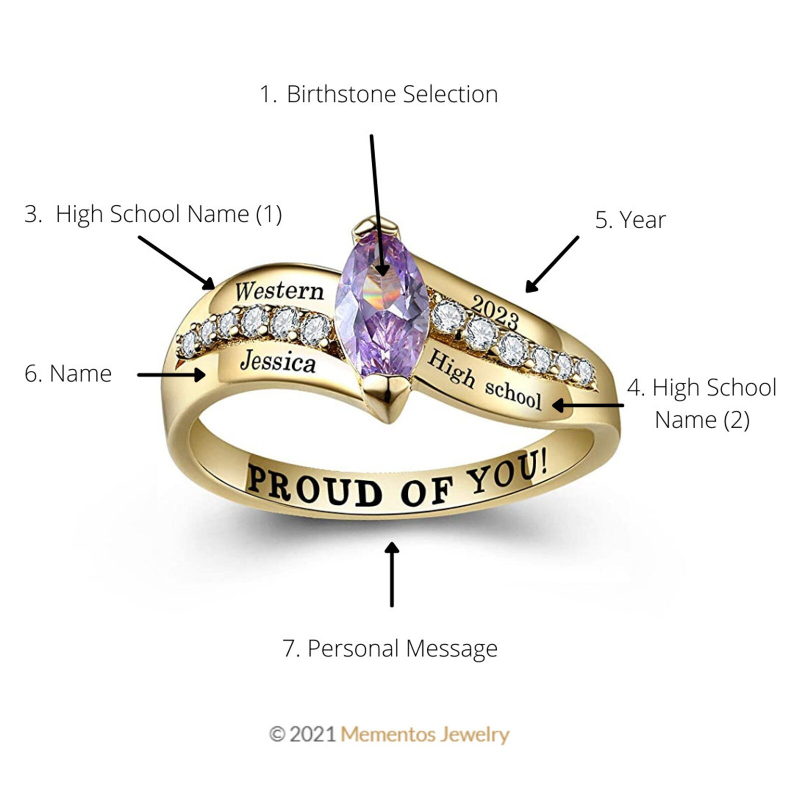Customized Sterling Silver Womens High School Class Ring Gem Collection ...