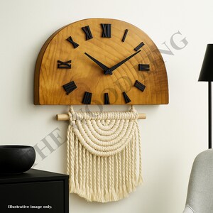 Boho Macrame Wooden Wall Clock – Rustic Half Moon Decor | Minimalist ...