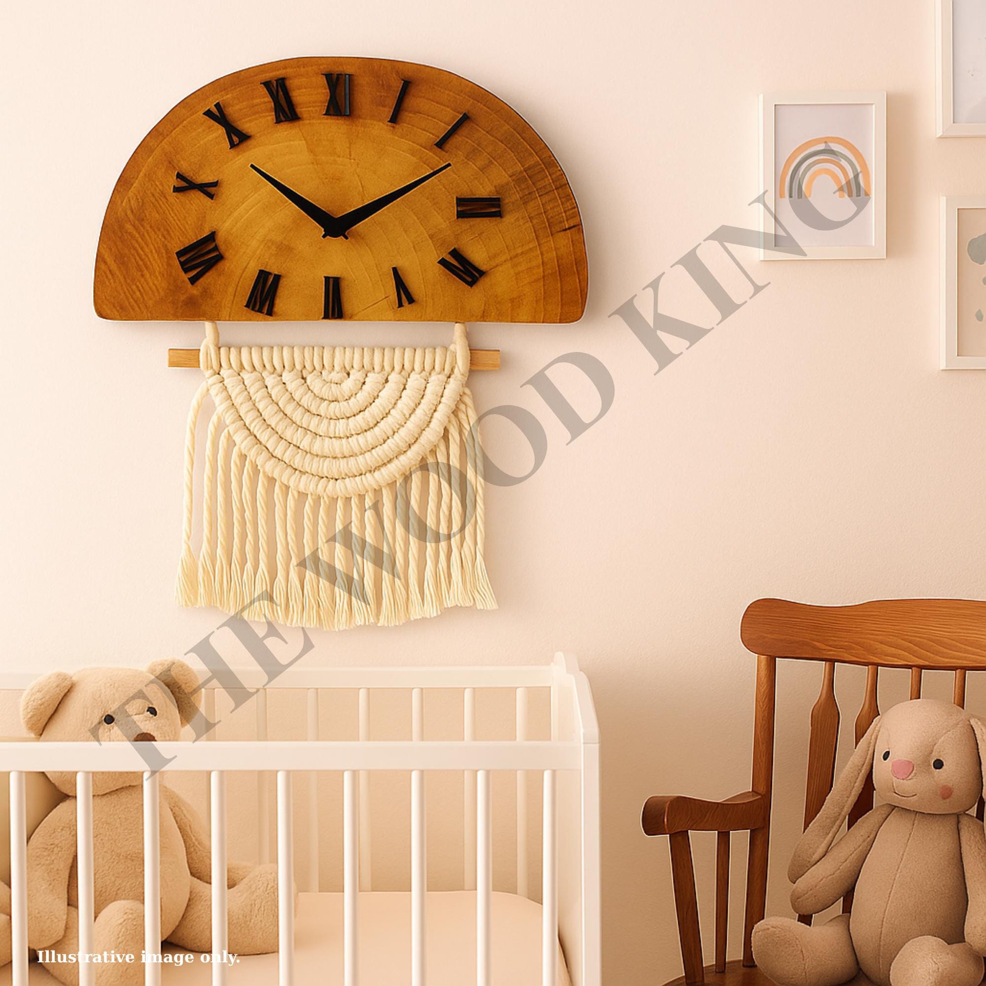 Boho Macrame Wooden Wall Clock – Rustic Half Moon Decor | Minimalist ...