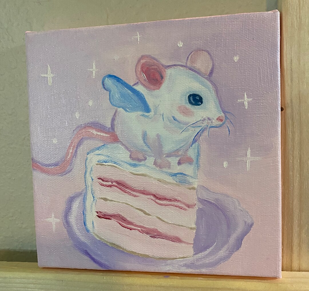 Mouse on Cake Slice 6"x6" Painting on Canvas | Original Painting - Etsy