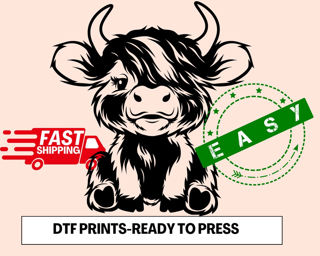 Highland Cow DTF Print Ready to Press Shaggy Cow Screen Print Farm Cow ...