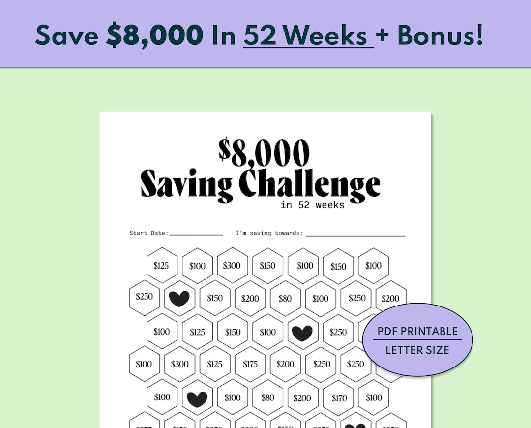 8K Savings Challenge in a Year, 8000 Savings Challenge in 52 Weeks, 12 ...