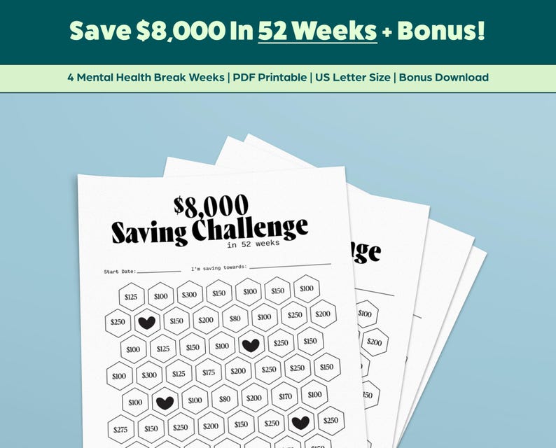 8K Savings Challenge in a Year, 8000 Savings Challenge in 52 Weeks, 12 ...