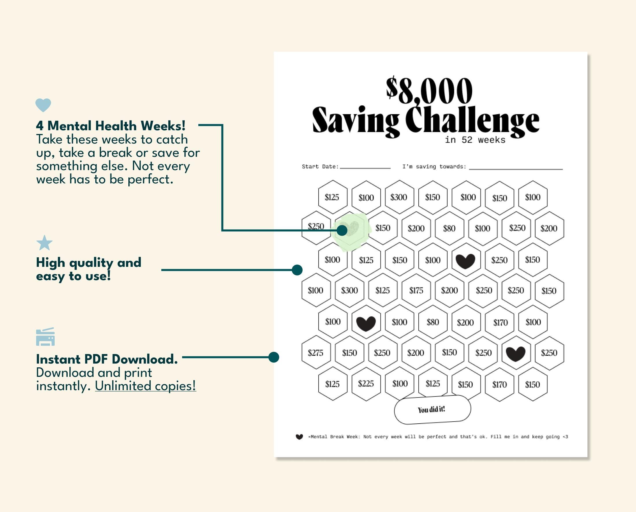 8K Savings Challenge in a Year, 8000 Savings Challenge in 52 Weeks, 12 Month Savings Challenge ...