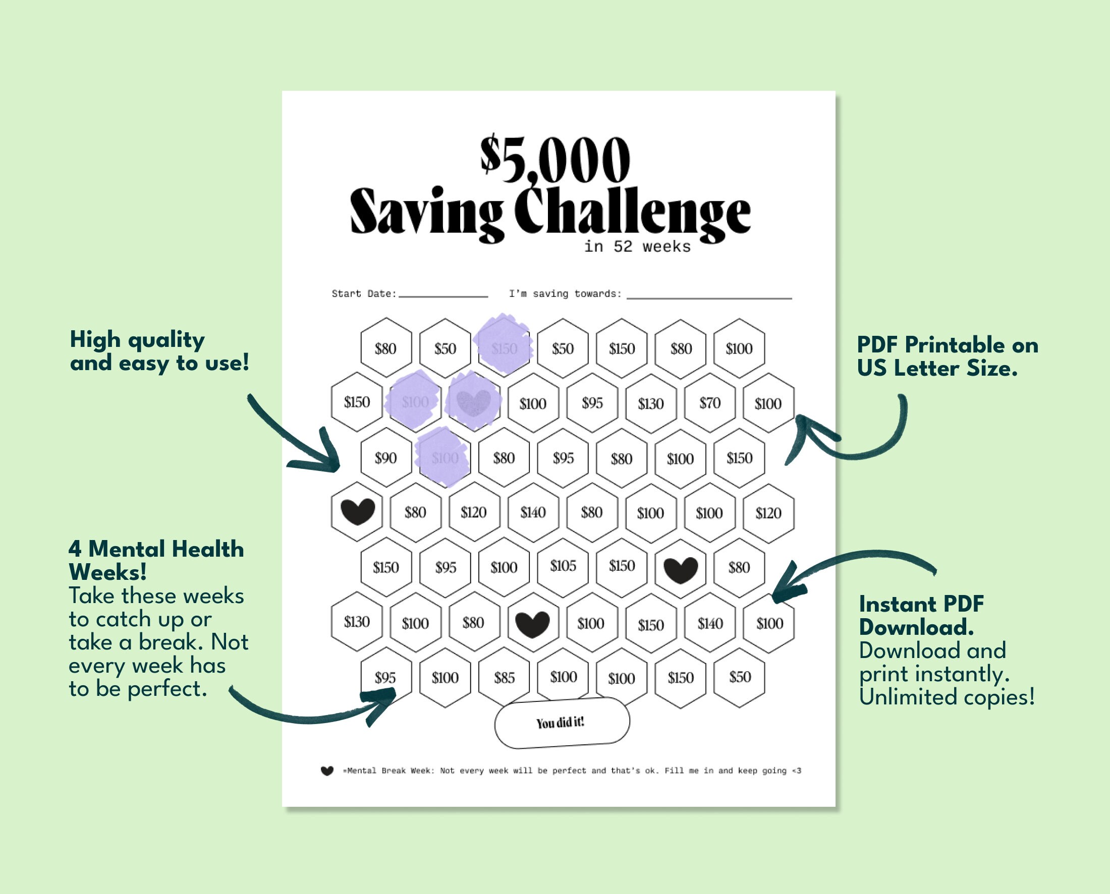 5K Savings Challenge in a Year, 5000 Savings Challenge in 52 Weeks, 12 ...