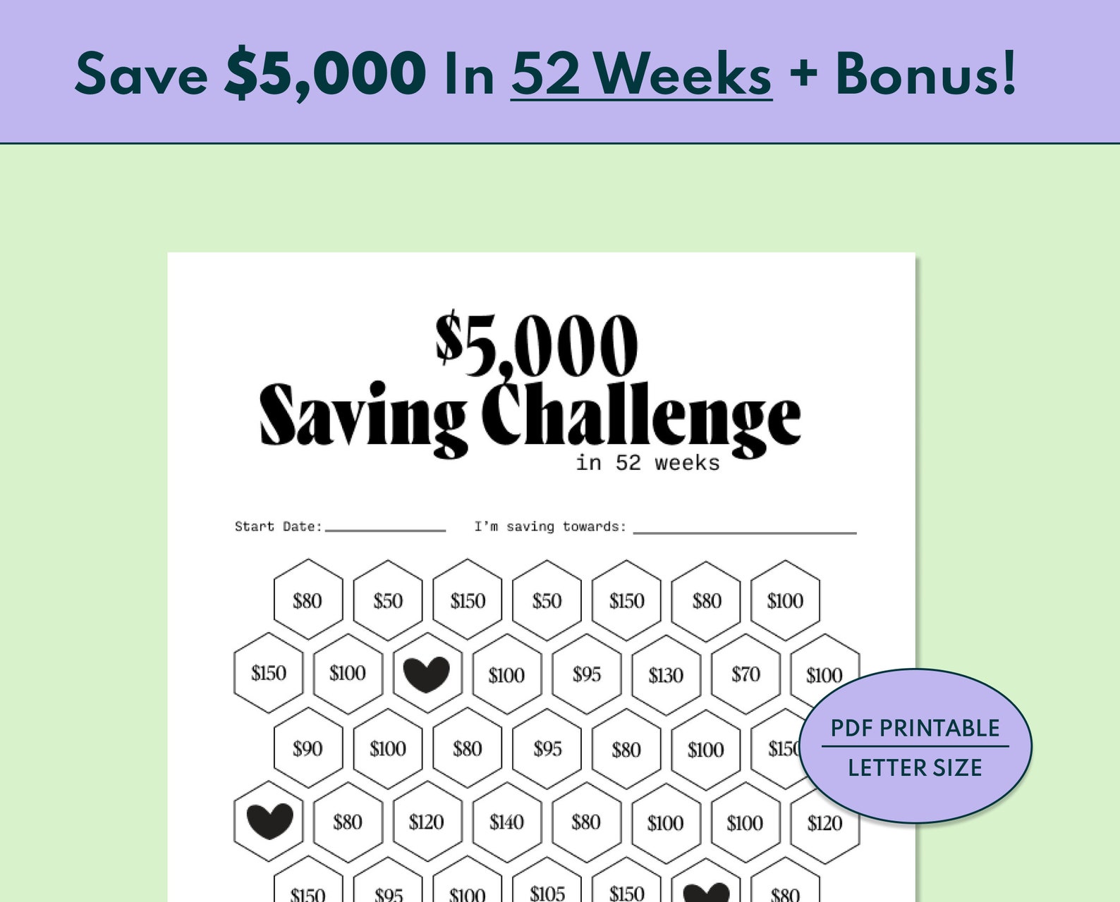 5K Savings Challenge in a Year, 5000 Savings Challenge in 52 Weeks, 12 ...