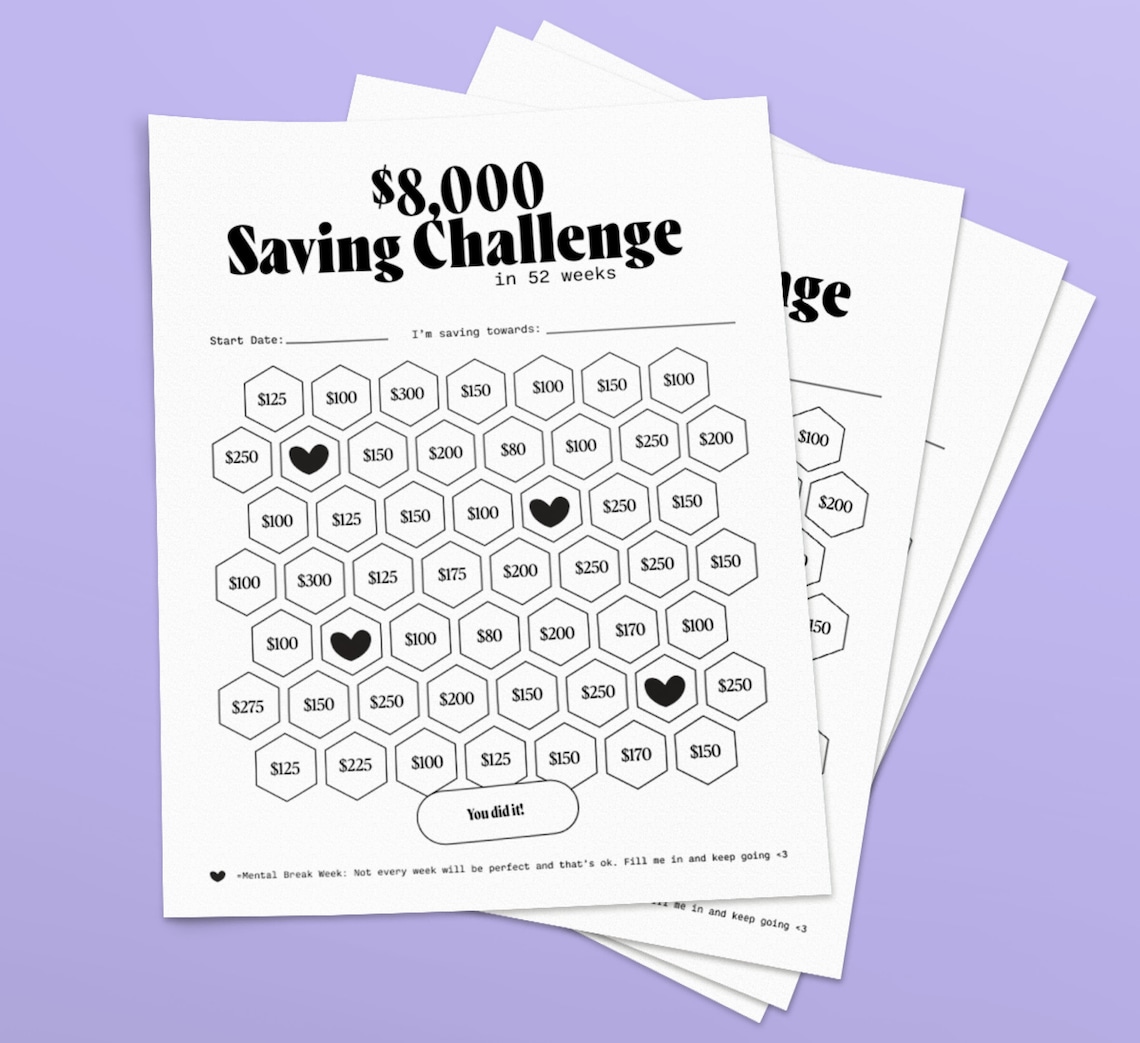 8K Savings Challenge in a Year, 8000 Savings Challenge in 52 Weeks, 12 ...