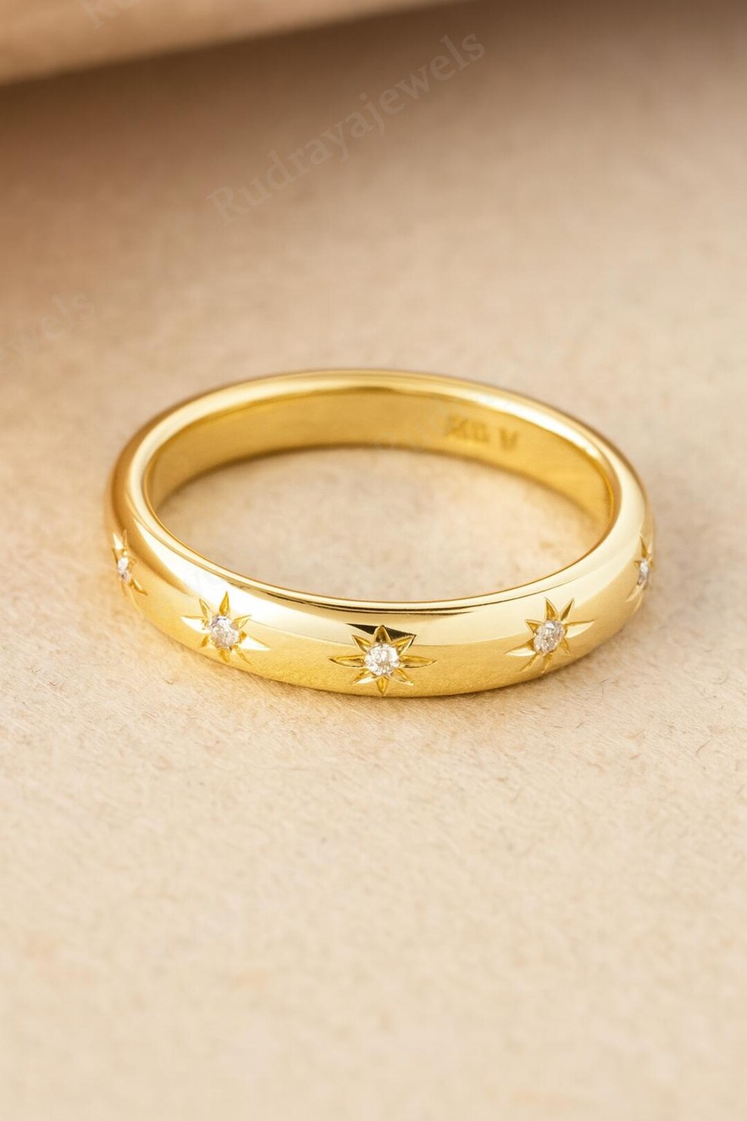 Diamond Starburst Wedding Band Ring 14k Gold Pave Celestial Star ...