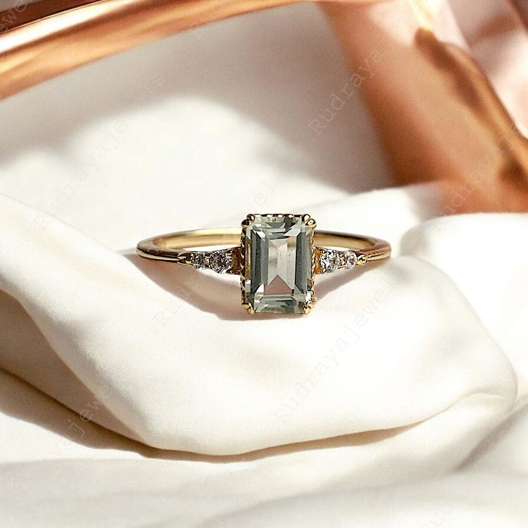 Emerald Cut Green Amethyst Ring, Gold Solitaire Engagement Ring ...