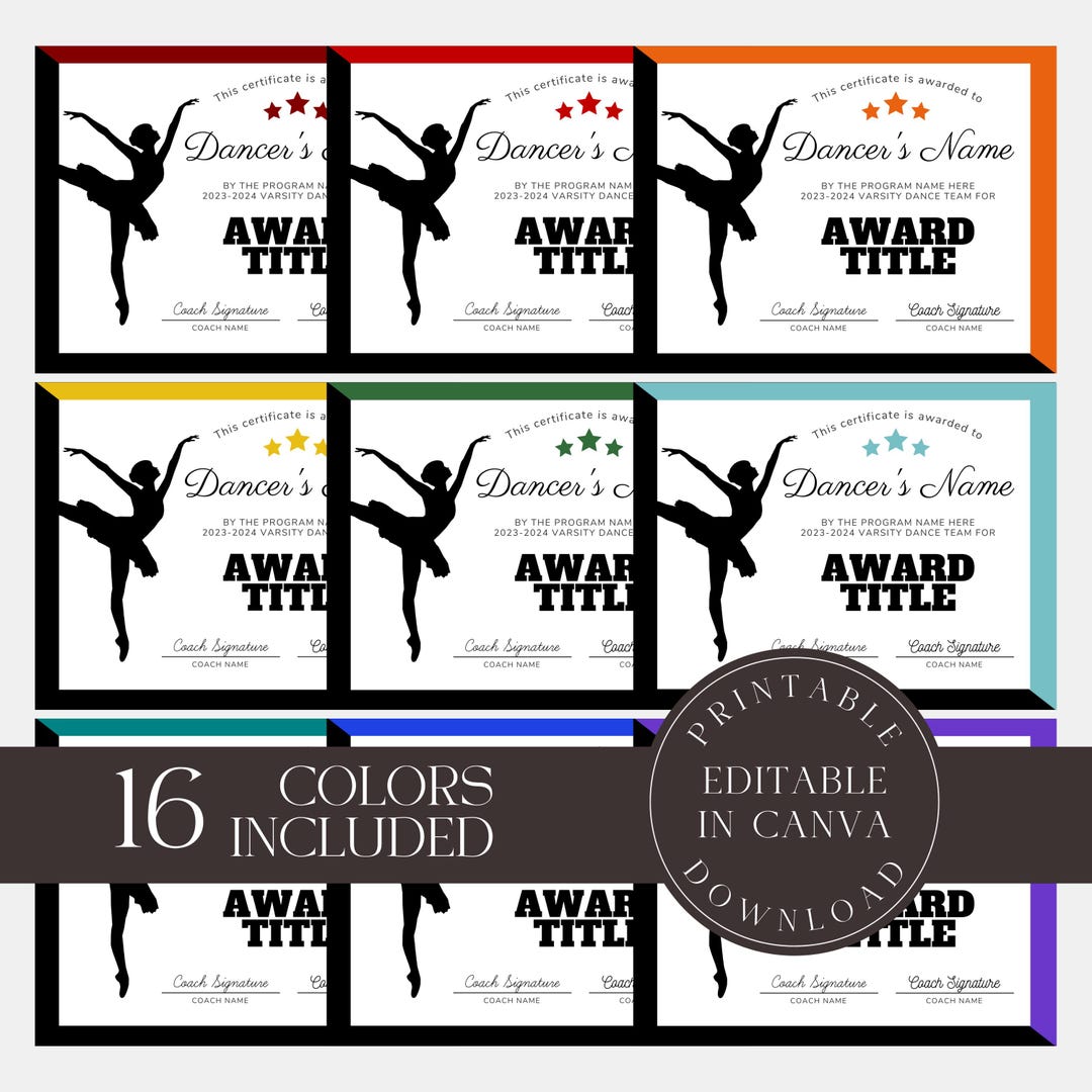 Editable Dance Team Certificate Dancer Awards Printable Ballet Award ...