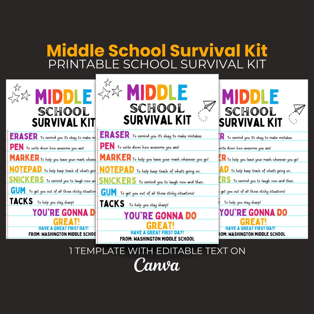 Editable Middle School Survival Kit Gift Tag, Gift for Teachers Staff ...