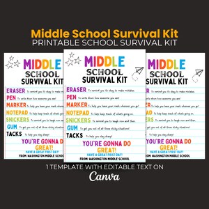 Editable Middle School Survival Kit Gift Tag, Gift for Teachers Staff ...