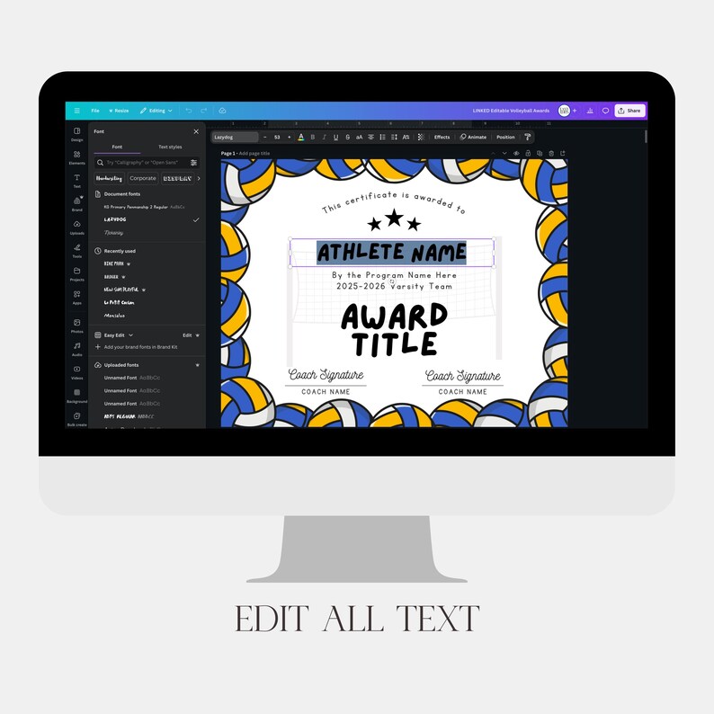 Editable Volleyball Awards Team Certificates, Printable (canva ...