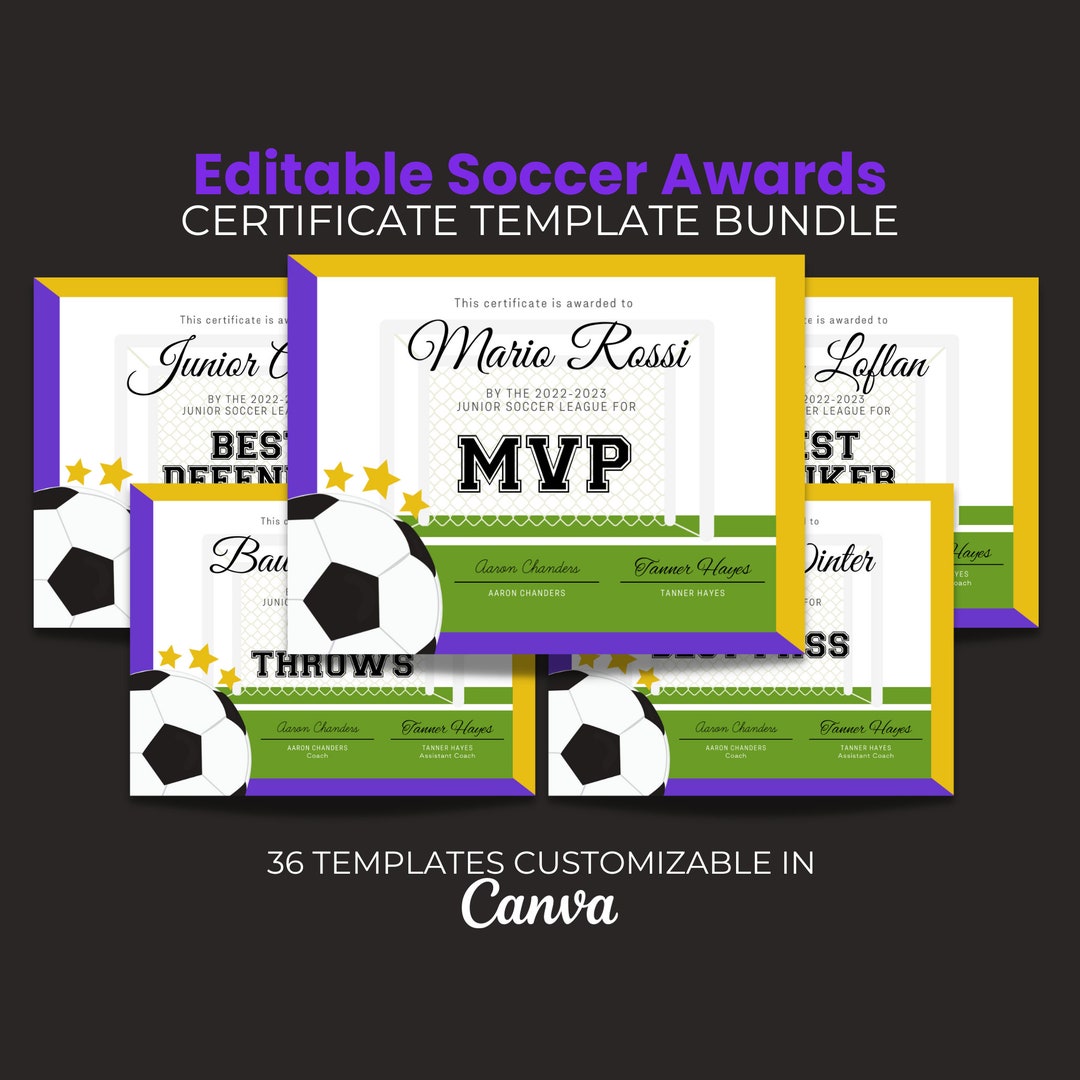 Editable Soccer Award Certificate, Template Bundle, Printable Award ...