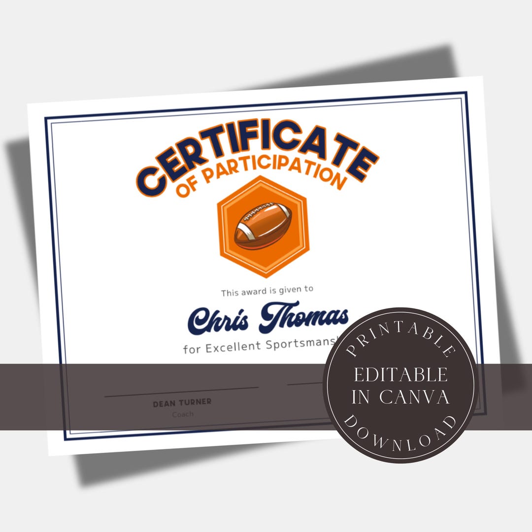 Editable Football Award Certificate: Team Participation (canva Template ...