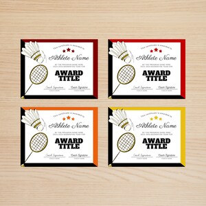 Editable Badminton Certificate Bundle, Badminton Award, Team Party ...