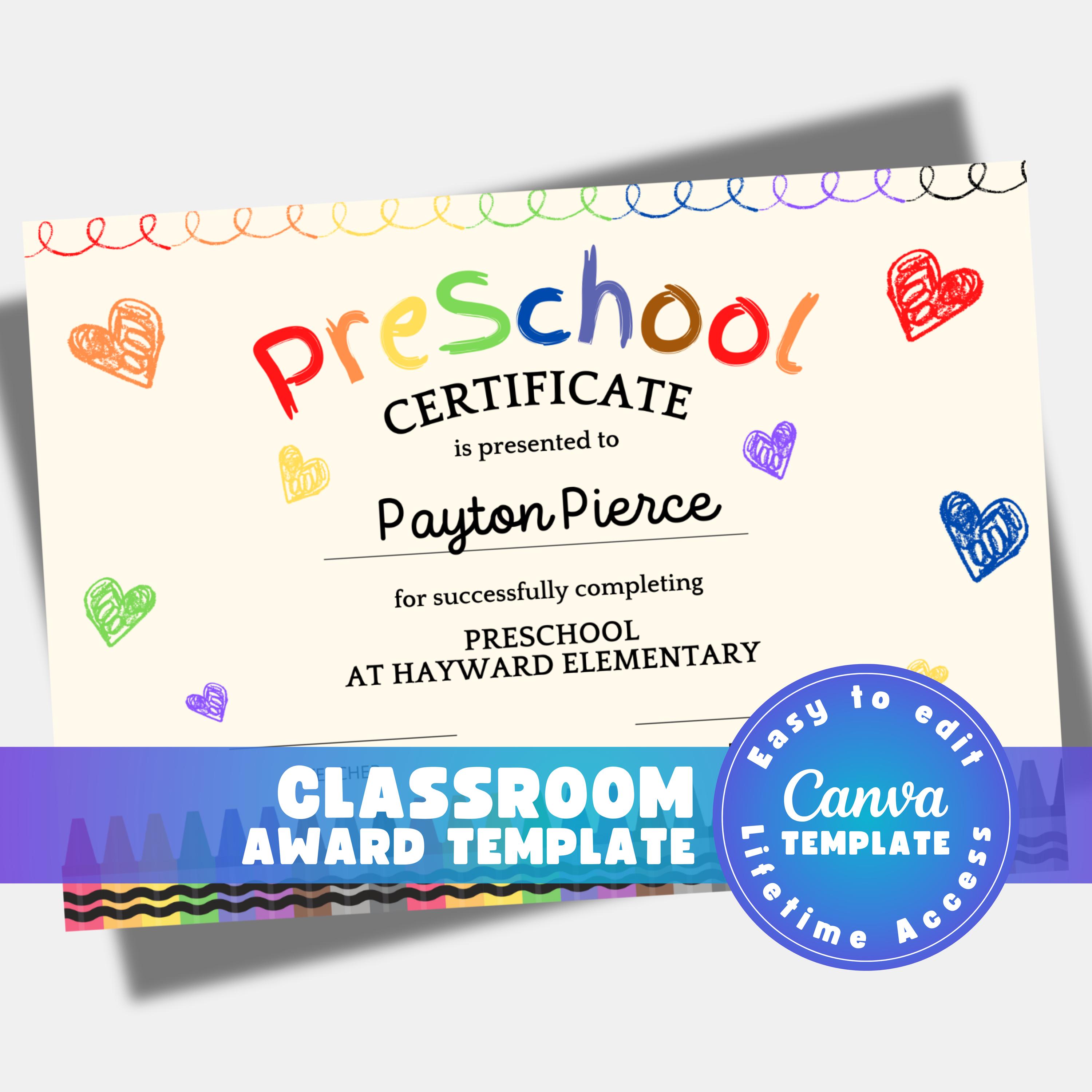 Pre-k Award Certificate Template, Editable Preschool Graduation Diploma ...