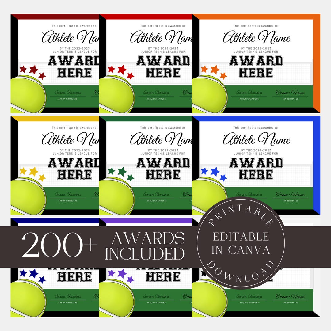 Editable Tennis Certificate Template Bundle Tennis Award Printable ...