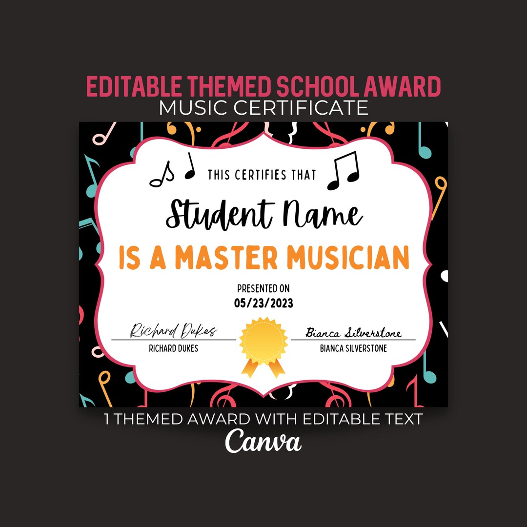 Editable School Certificate Student Music Award Elementary - Etsy