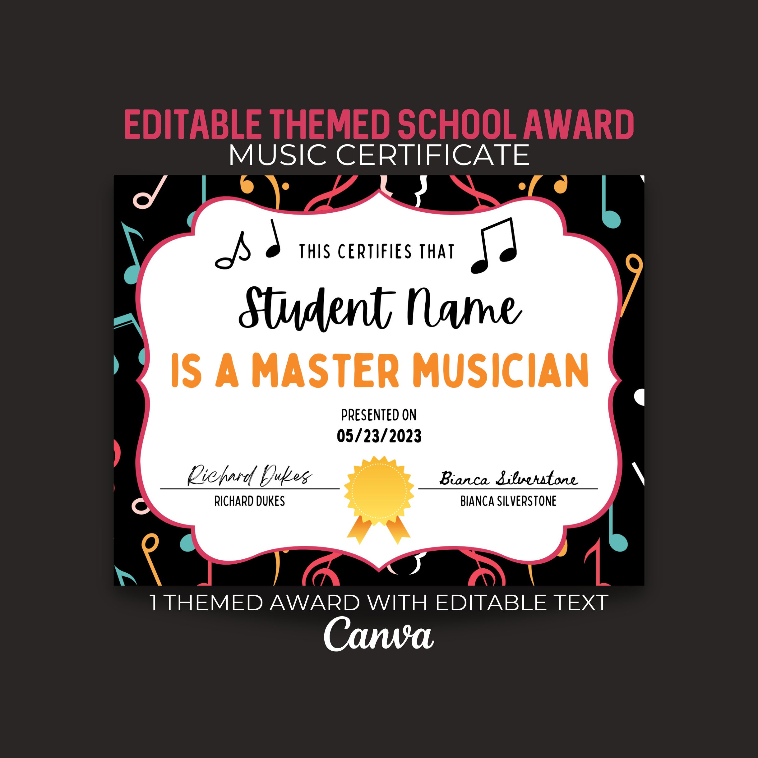 Editable School Certificate Student Music Award Elementary - Etsy