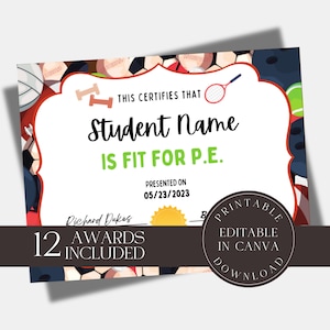 Editable School Certificate Physical Education Award Elementary Student ...